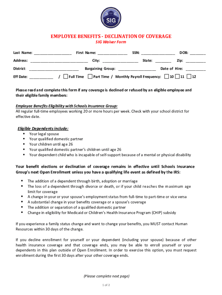 Fillable Online EMPLOYEE BENEFITS - DECLINATION OF COVERAGE Fax Email ...