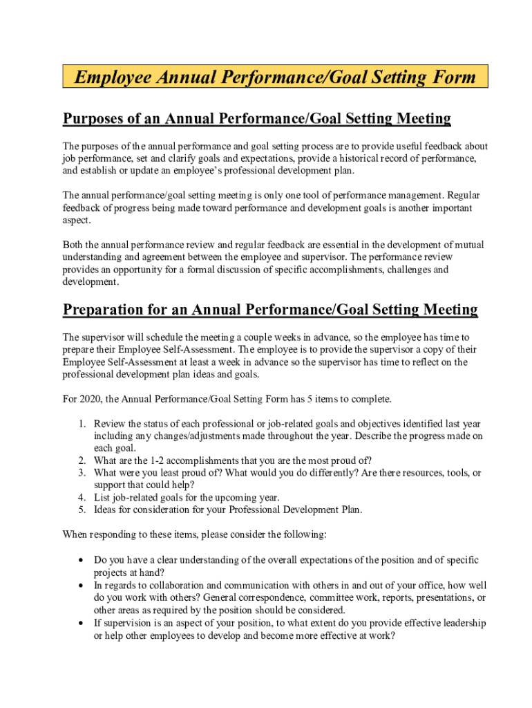Fillable Online Employee Annual Performance/Goal Setting Form Fax Email ...