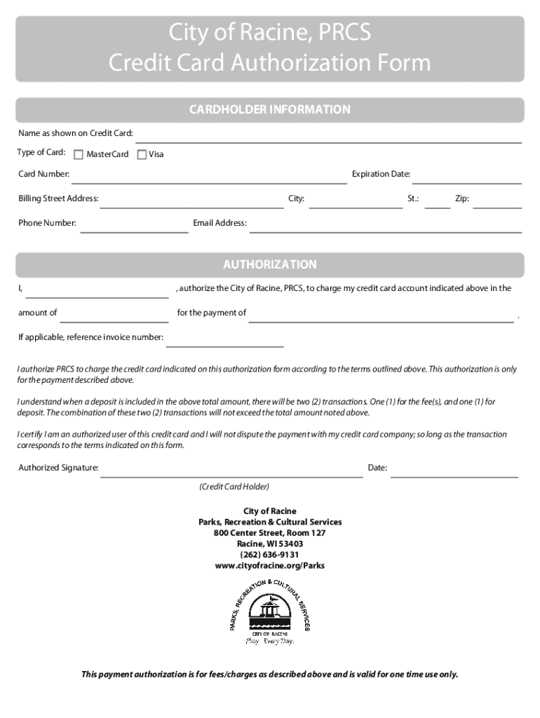 Fillable Online City of Racine, PRCS Credit Card Authorization Form Fax ...