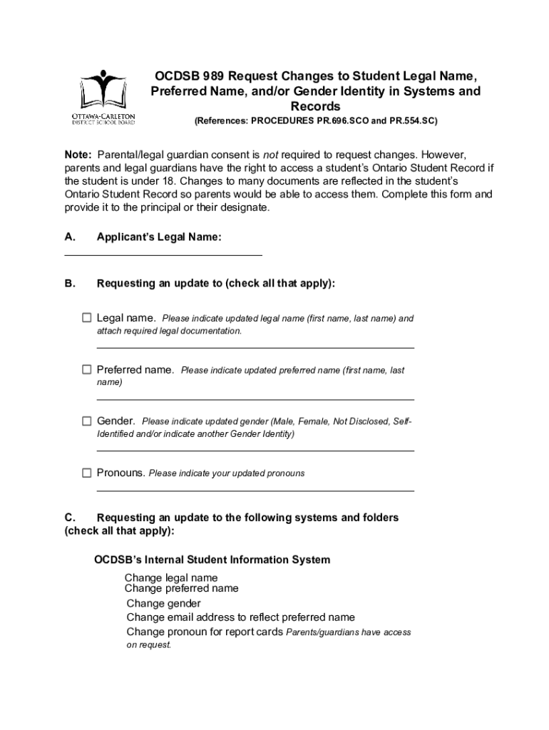 Fillable Online OCDSB 989 Request Changes to Student Legal Name ...