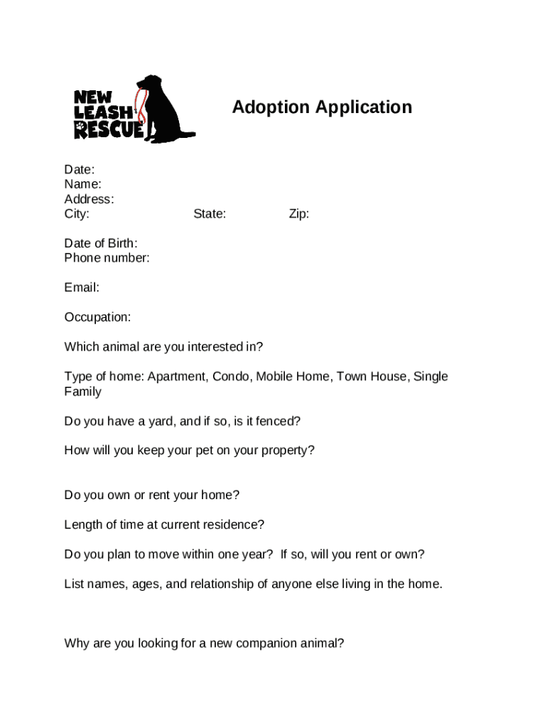 Animal Rescue Project Adoption Application Doc Template | pdfFiller