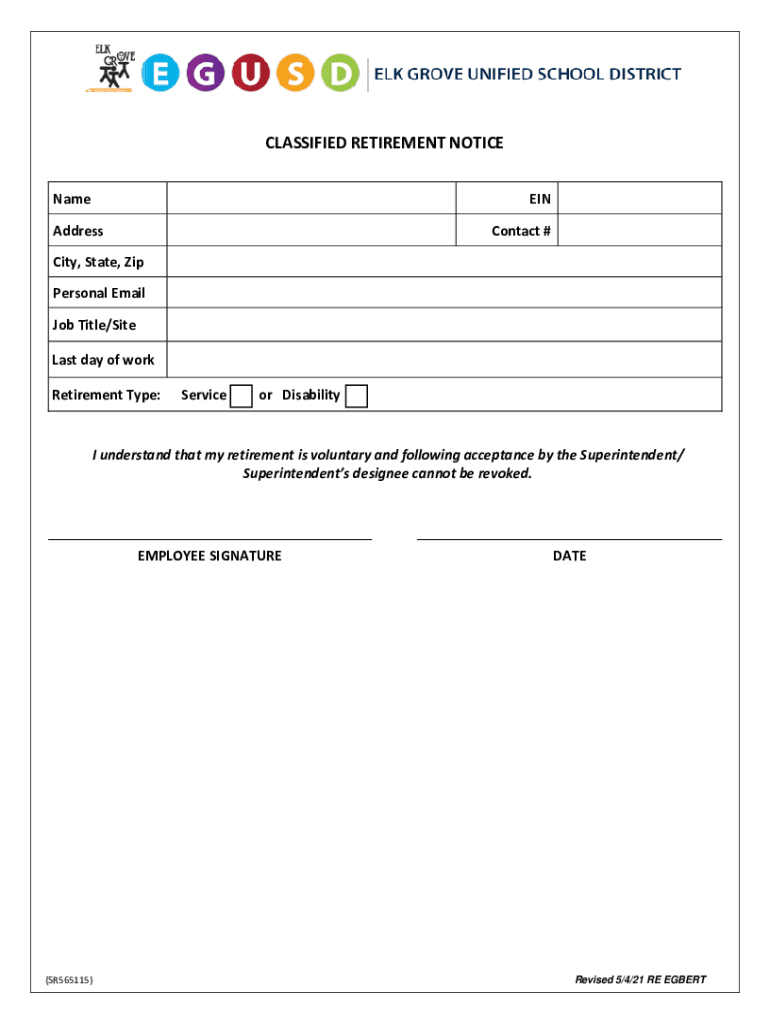 Fillable Online CLASSIFIED RETIREMENT NOTICE FORM Fax Email Print ...