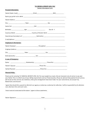 Fillable Online 1 TLC MEDICAL WEIGHT LOSS, PLLC Patient Information ...