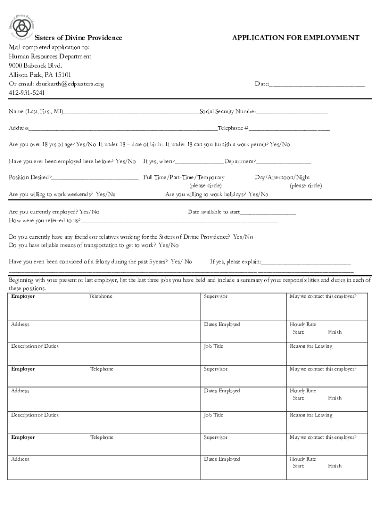 Fillable Online Sisters of Divine Providence APPLICATION FOR ... Fax ...