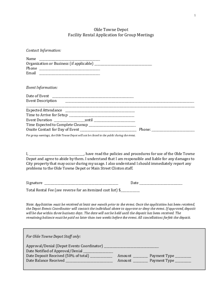 Fillable Online Olde Towne Depot Facility Rental Application for Group ... Fax Email Print ...