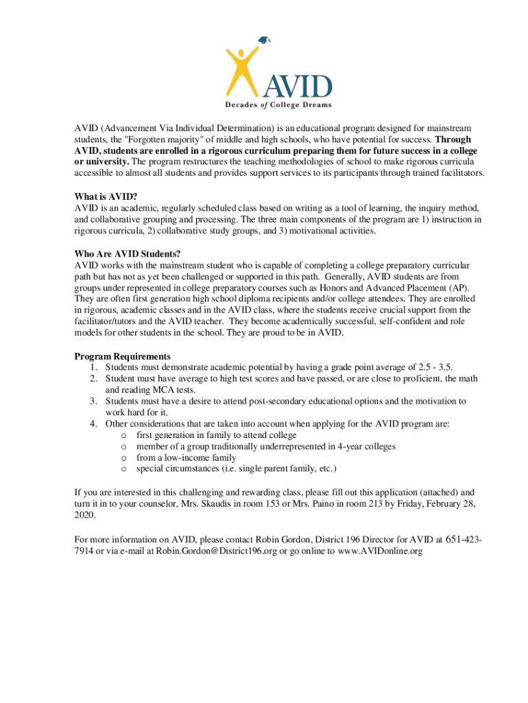 Fillable Online AVID (Advancement Via Individual Determination) is an ...