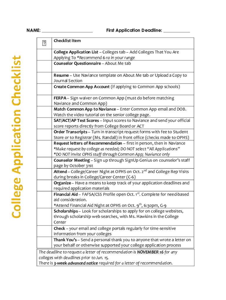 Fillable Online Senior College Application Task List Fax Email Print ...