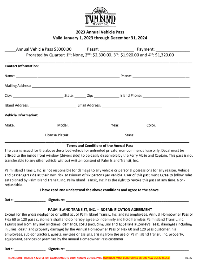 Fillable Online 2022 Annual Vehicle Pass Fax Email Print Pdffiller