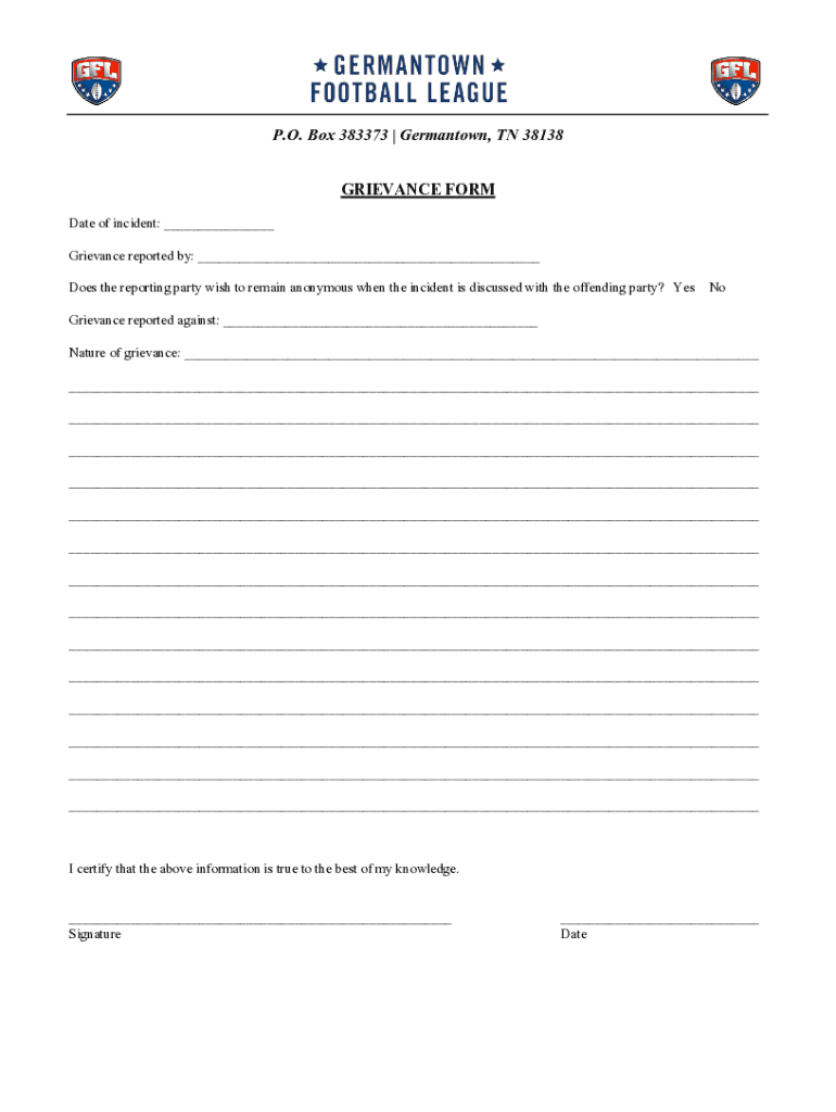 Fillable Online GFL Grievance Form.doc Fax Email Print - pdfFiller