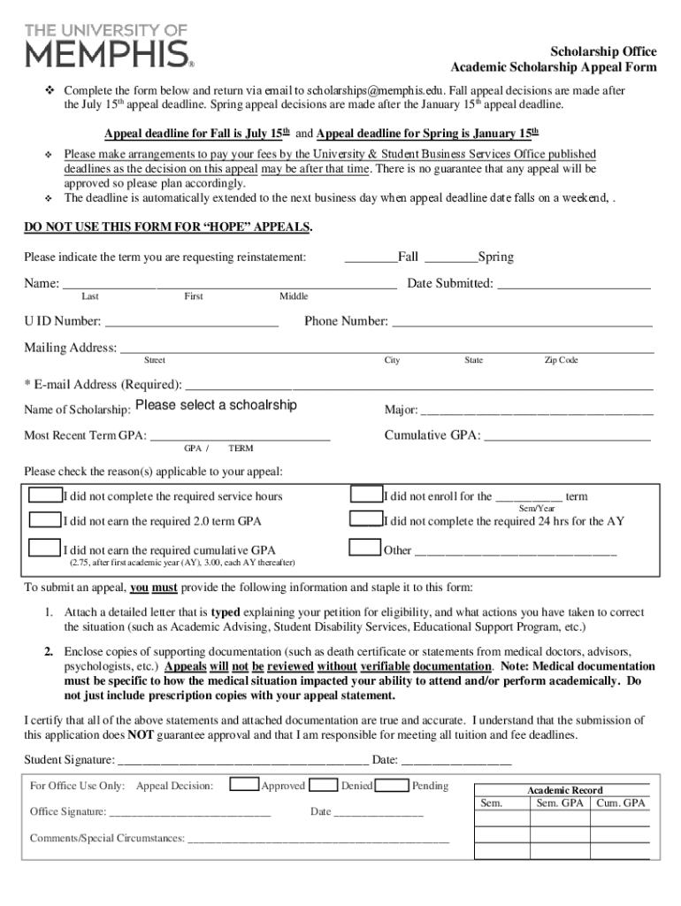 Fillable Online Scholarship Office Academic Scholarship Appeal Form Fax Email Print - pdfFiller