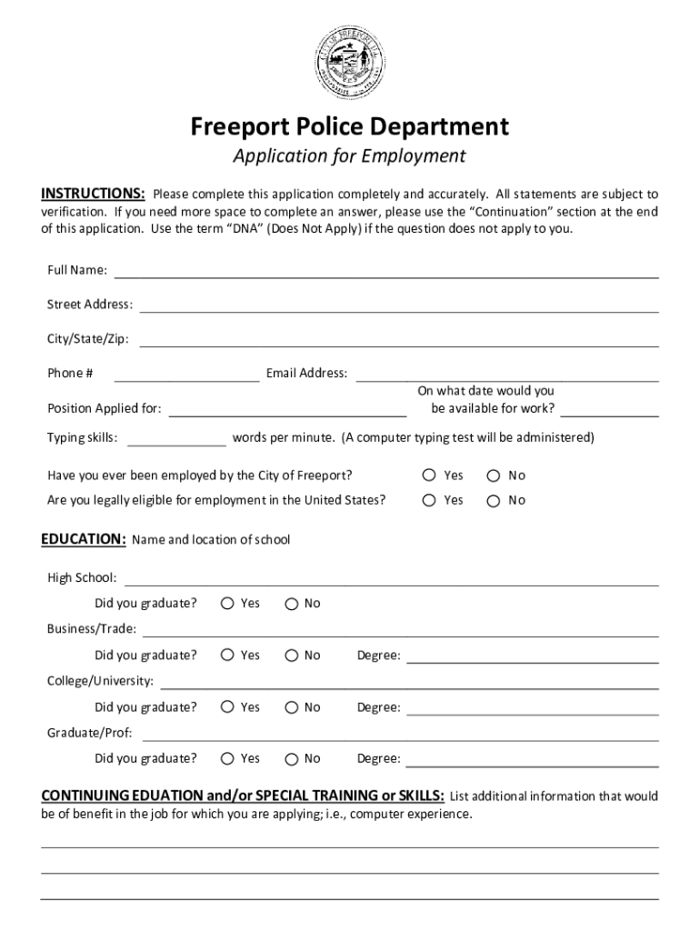 Fillable Online Freeport Police Department - Application for Employment ...