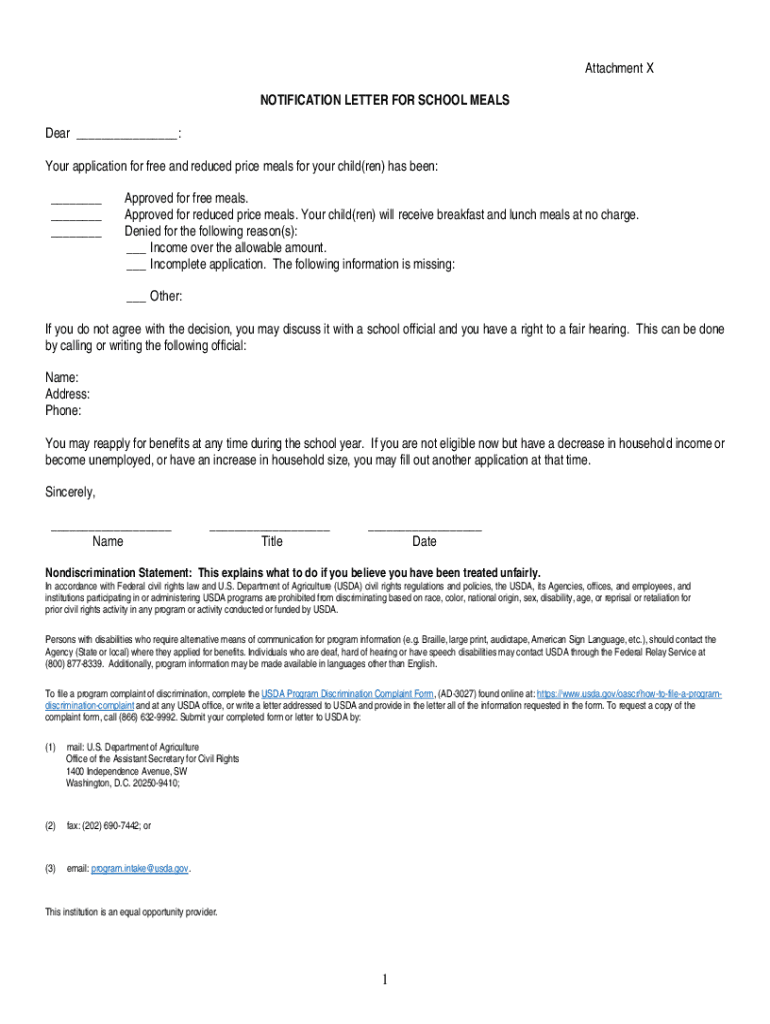 Fillable Online NOTIFICATION LETTER FOR SCHOOL MEALS. NOTIFICATION ...