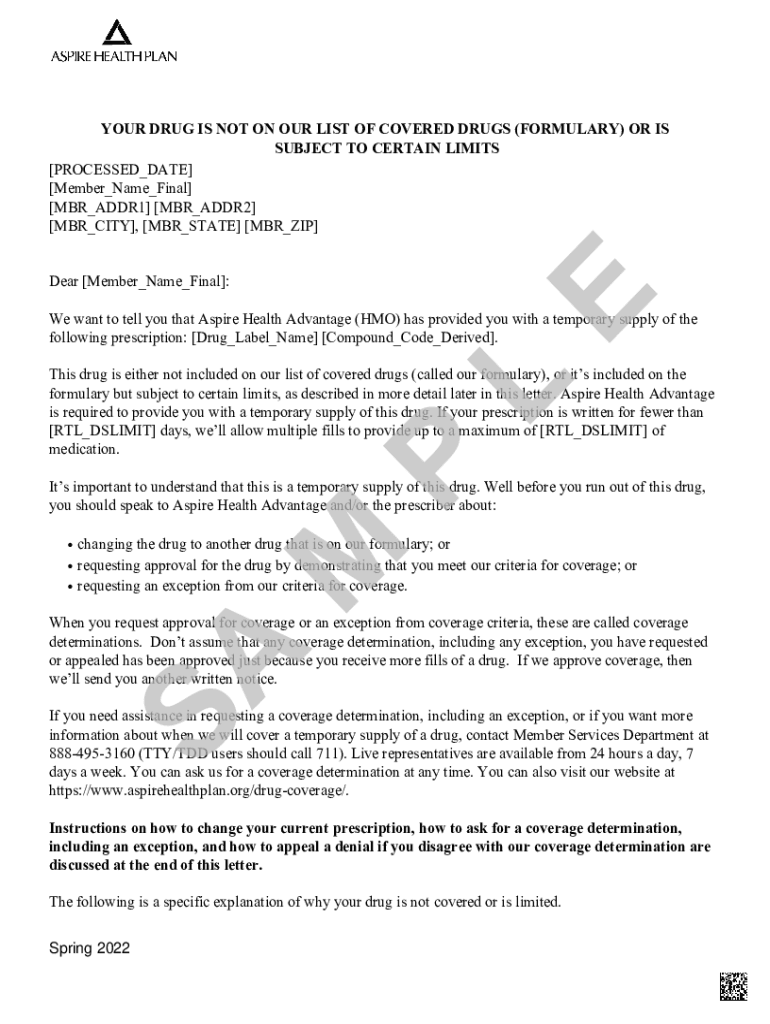 Fillable Online Part D Transition Letter - Aspire Health Plan English ...