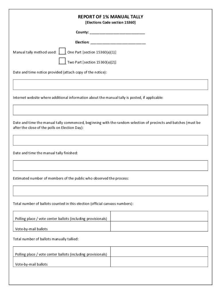 Fillable Online 1% Manual Tally Report Form. 1% Manual Tally Report Form Fax Email Print - pdfFiller