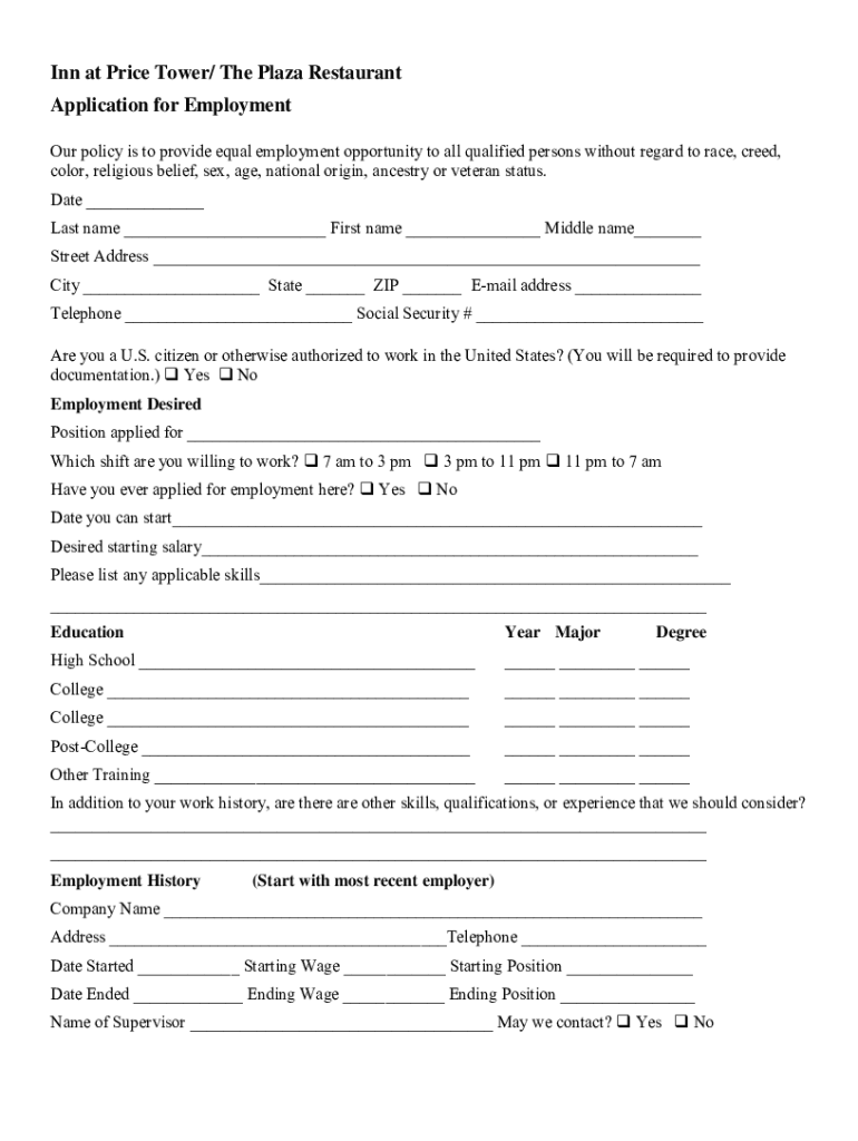 Fillable Online The Plaza Restaurant Application for Employment Fax ...