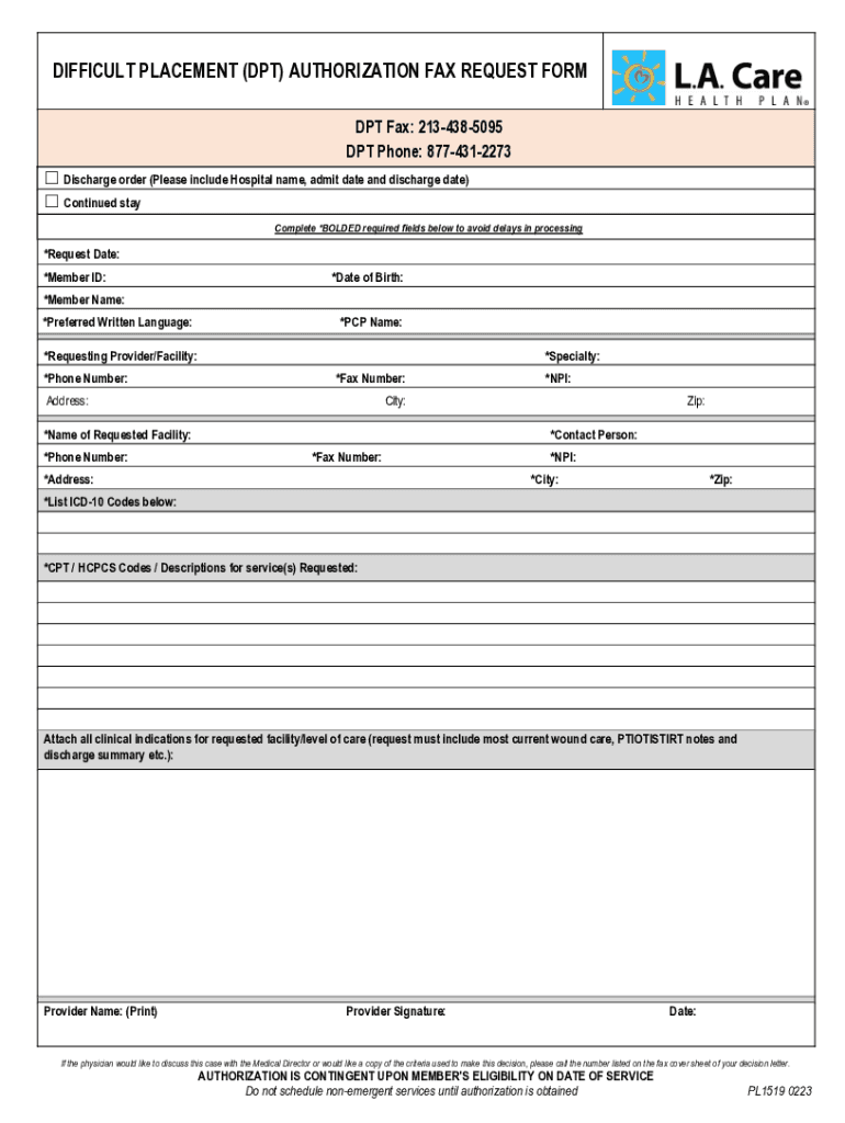 Fillable Online Difficult Placement (DPT) Authorization FAX Request ...