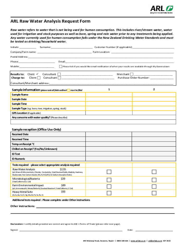 Fillable Online ARL Raw Water Analysis Request Form Fax Email Print ...