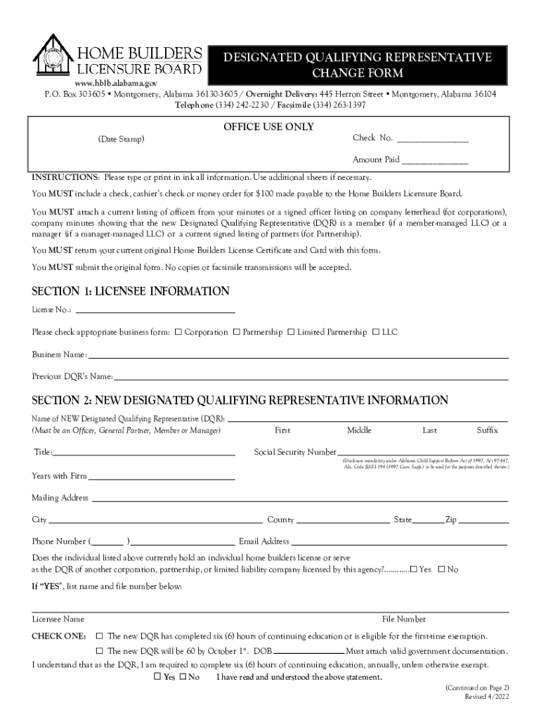 Fillable Online hblb alabama Designated Qualifying Representative (DQR ...
