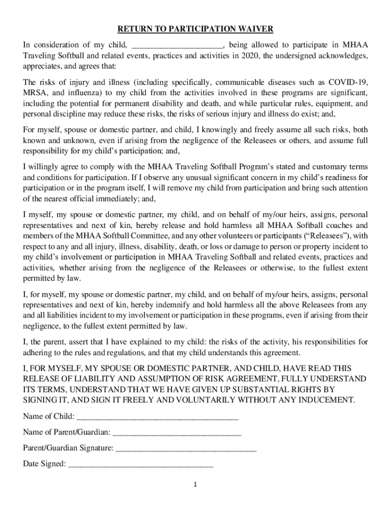 Fillable Online PARTICIPATION WAIVER In consideration of my child Fax Email Print - pdfFiller