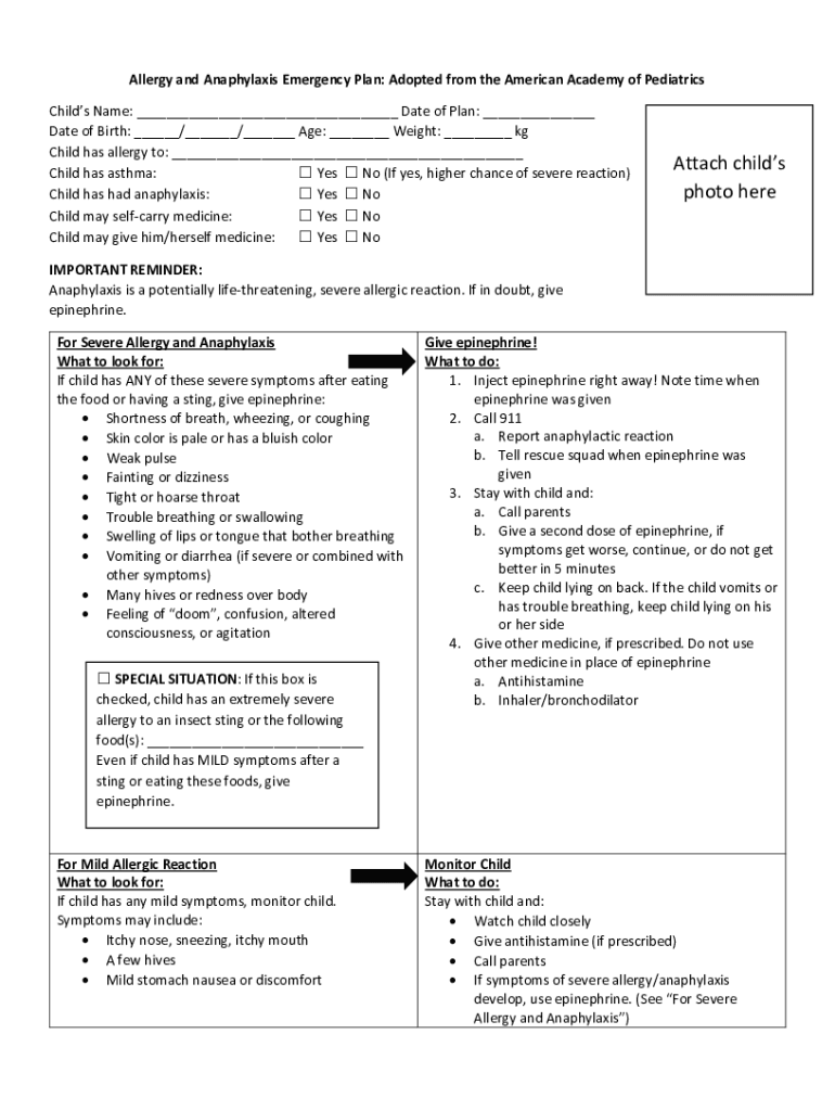 Fillable Online w3 lisd Allergy and Anaphylaxis Emergency Plan: Adopted ...