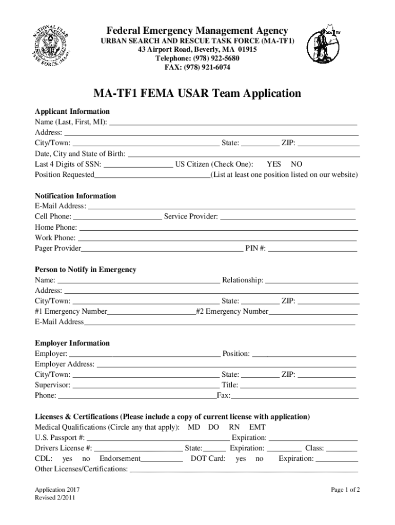 Fillable Online MA-TF1 FEMA USAR Team Application Fax Email Print ...