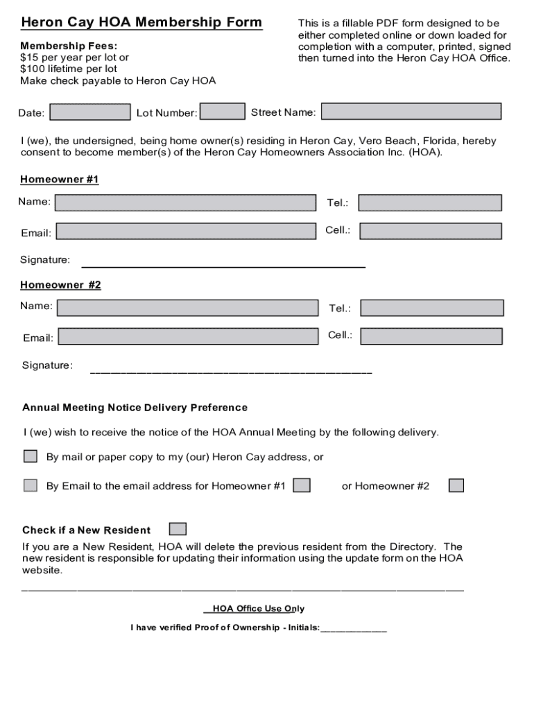 Fillable Online Heron Cay HOA Membership Form Fax Email Print - pdfFiller