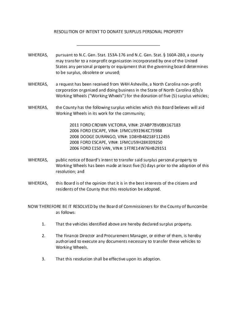 Fillable Online resolution of intent to donate surplus personal ...