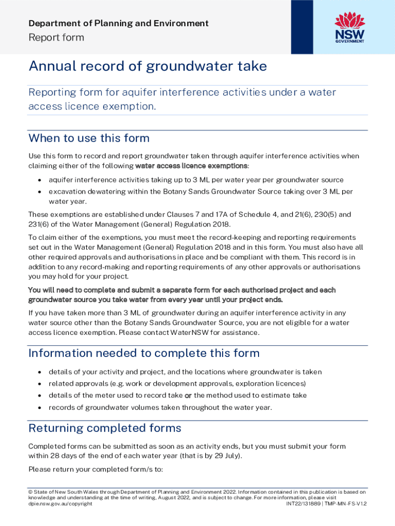 Fillable Online water nsw gov Annual record of groundwater take under ...
