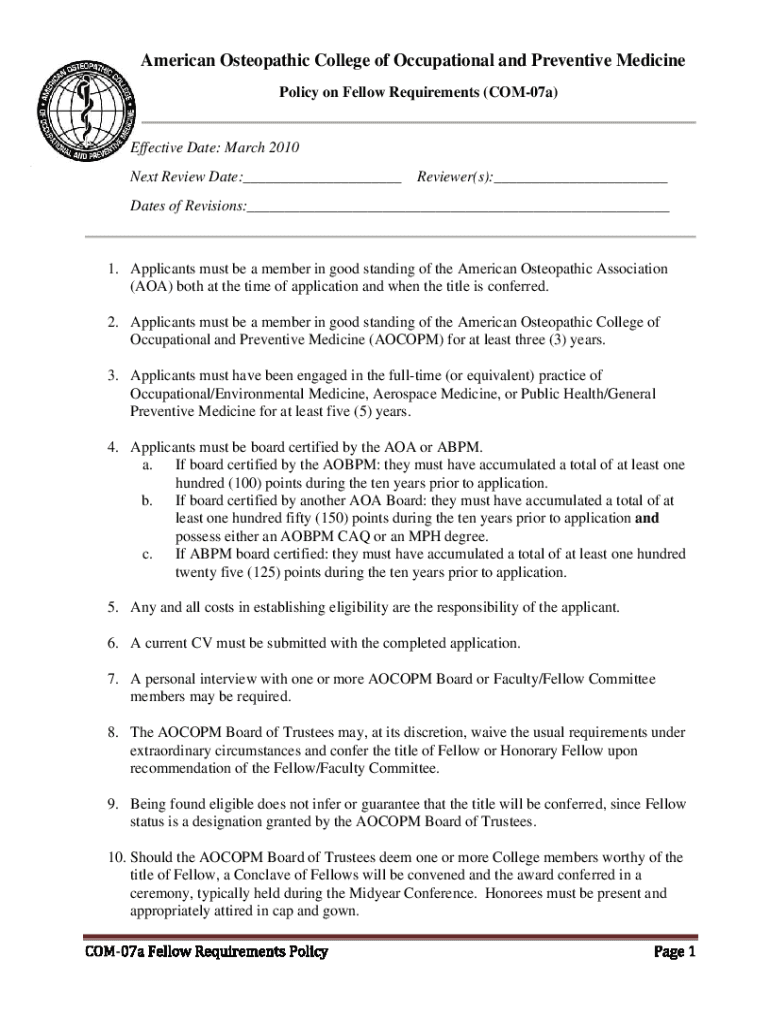Fillable Online American Osteopathic College of Occupational and ...