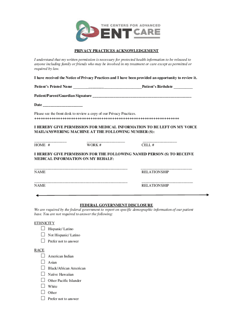 Fillable Online PRIVACY PRACTICES ACKNOWLEDGEMENT Fax Email Print - pdfFiller