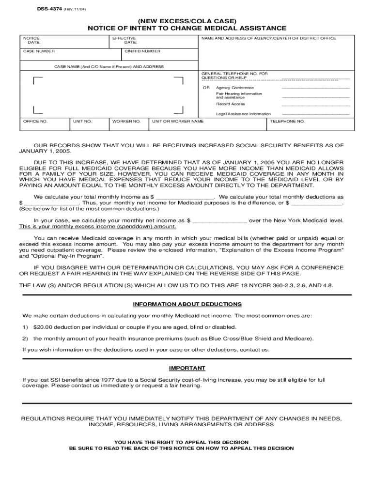 Fillable Online (NEW EXCESS/COLA CASE) NOTICE OF INTENT TO ... Fax ...