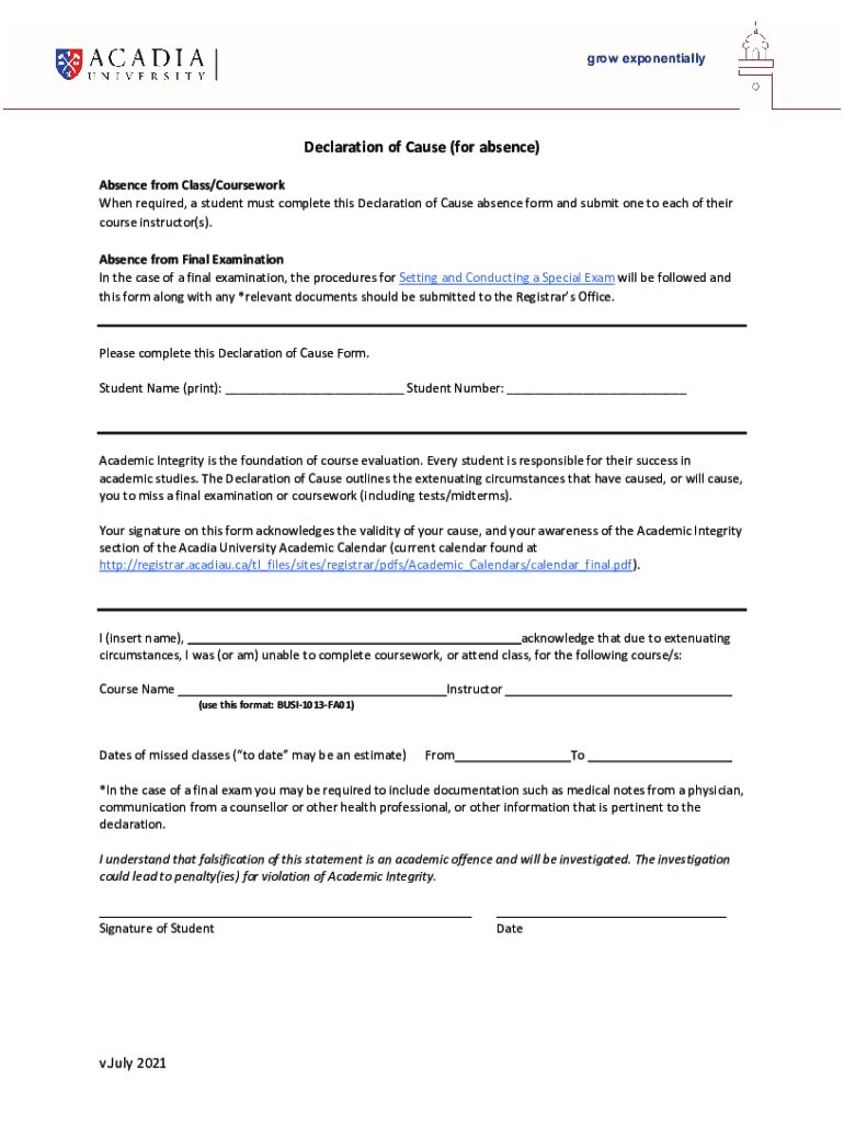 Fillable Online registrar acadiau Student Declaration of Absence Form ...