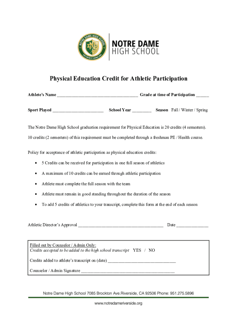 Fillable Online Physical Education Credit for Athletic Participation ...