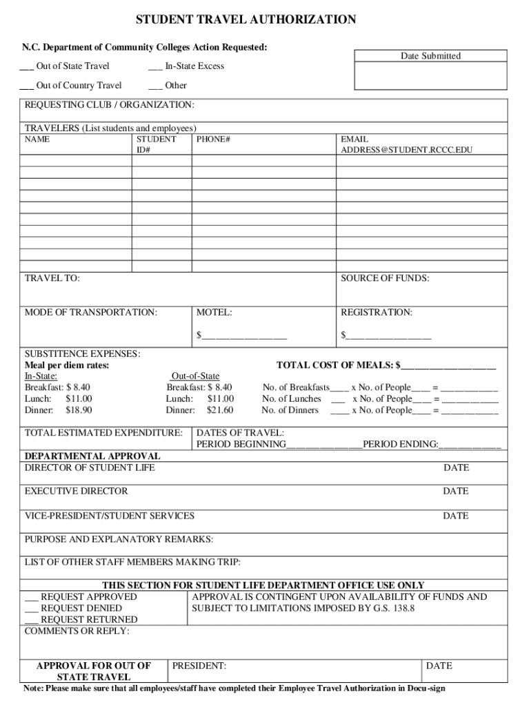 Fillable Online STUDENT TRAVEL AUTHORIZATION Fax Email Print - pdfFiller