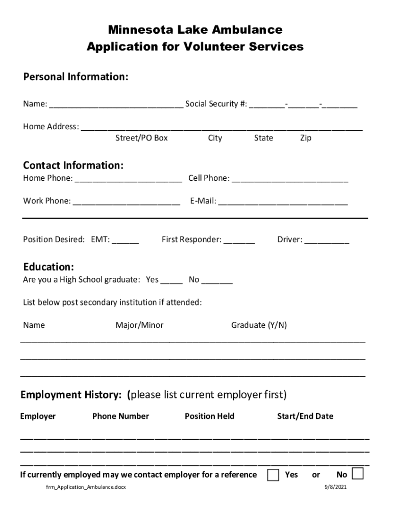Fillable Online Minnesota Lake Ambulance Application for Volunteer ... Fax Email Print - pdfFiller