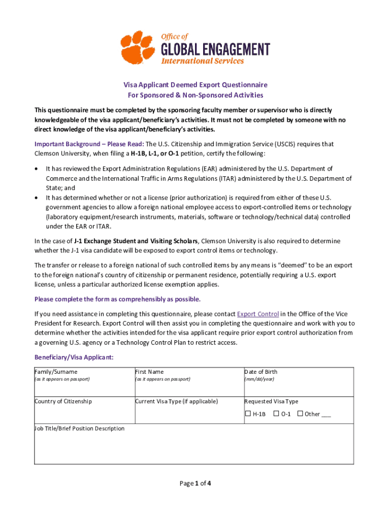 Fillable Online Export Control Questionnaire for Visa Application Fax Email Print - pdfFiller