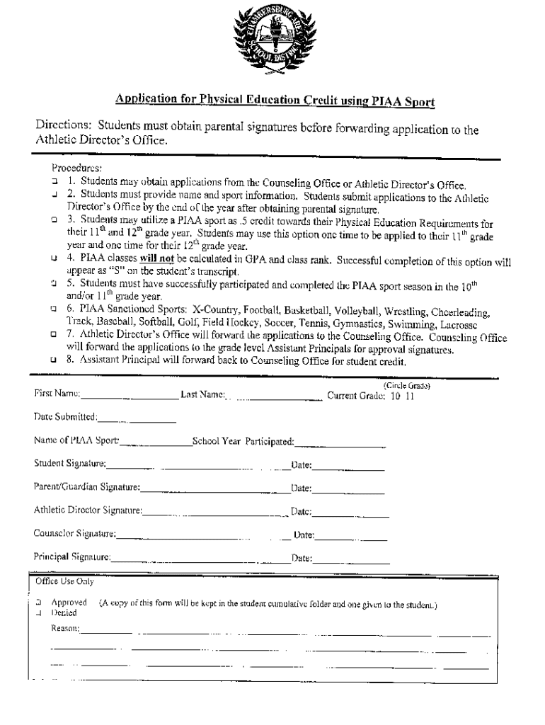 Fillable Online Application for Physical Education Credit using PIAA ...