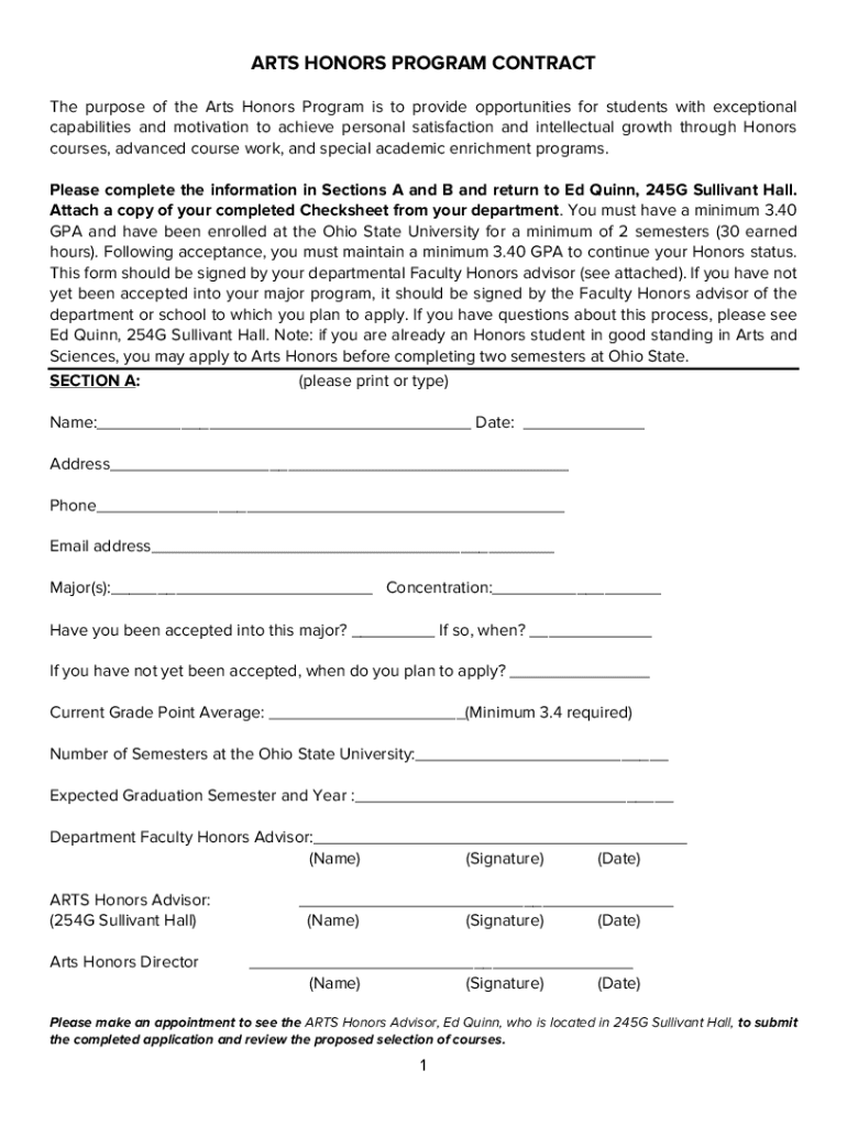 Fillable Online ARTS HONORS PROGRAM CONTRACT - College of Arts and ... Fax Email Print - pdfFiller