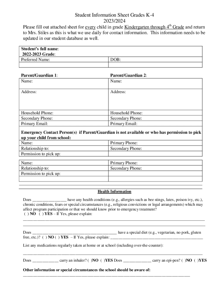 Fillable Online Student Information Sheet 2nd Grade (English and ...