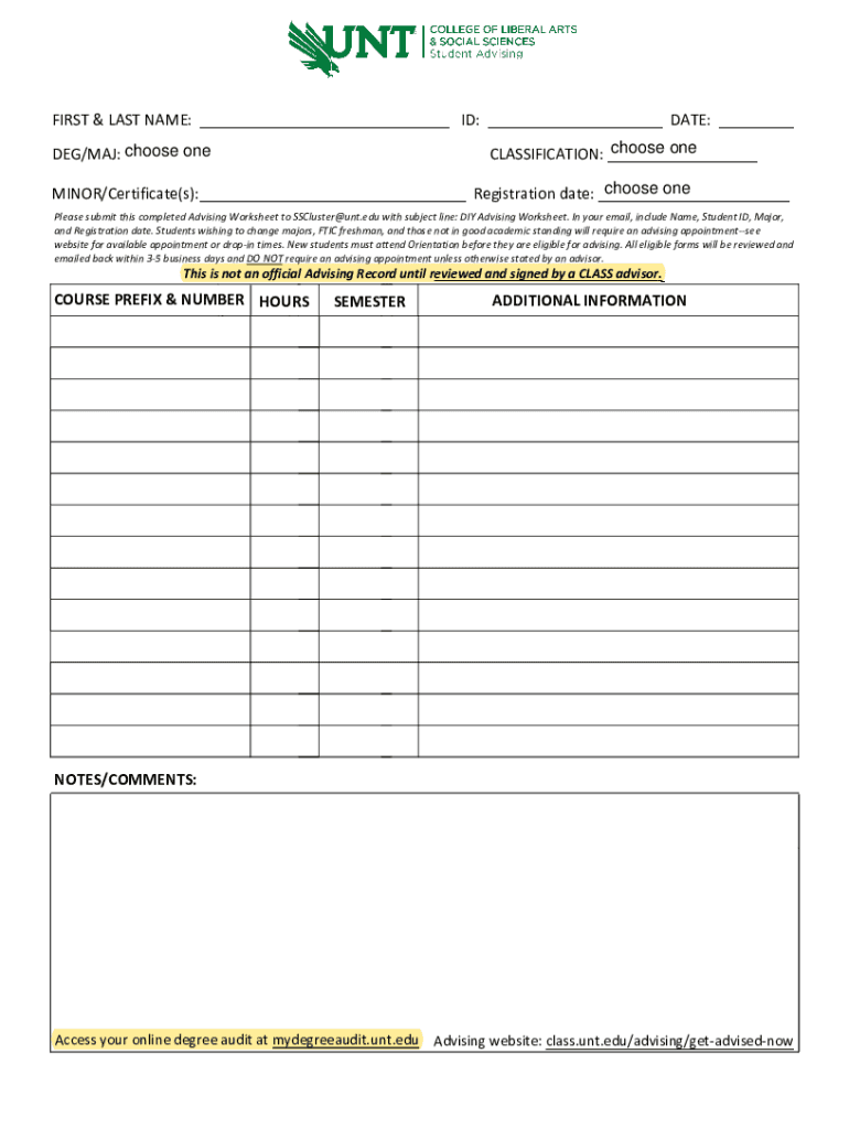 Fillable Online DIY Advising Worksheet Fax Email Print - pdfFiller