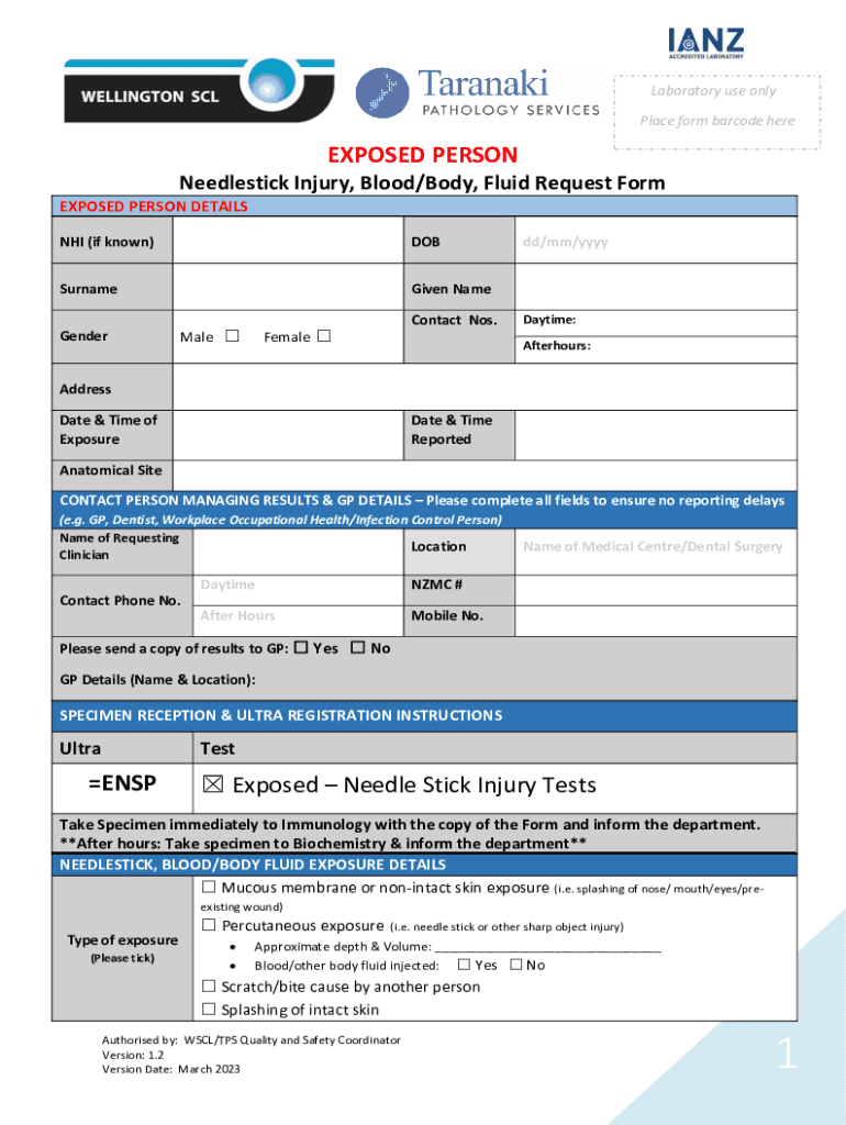 Fillable Online Needlestick Injury, Blood/Body Fluid Exposure Action ...