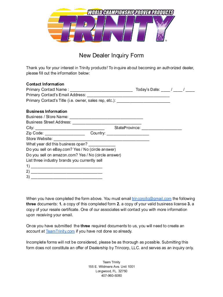 Fillable Online New Dealer Inquiry Form Fax Email Print - pdfFiller
