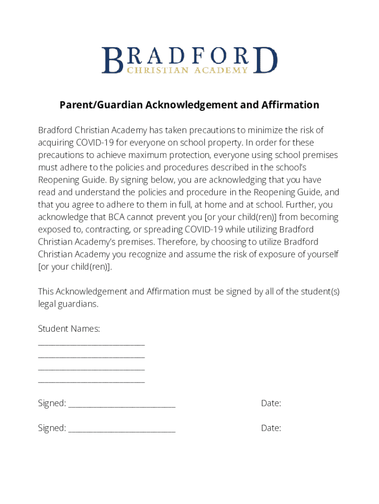 Fillable Online Parent/Guardian Acknowledgement and Affirmation Bradford Christian Academy has ...