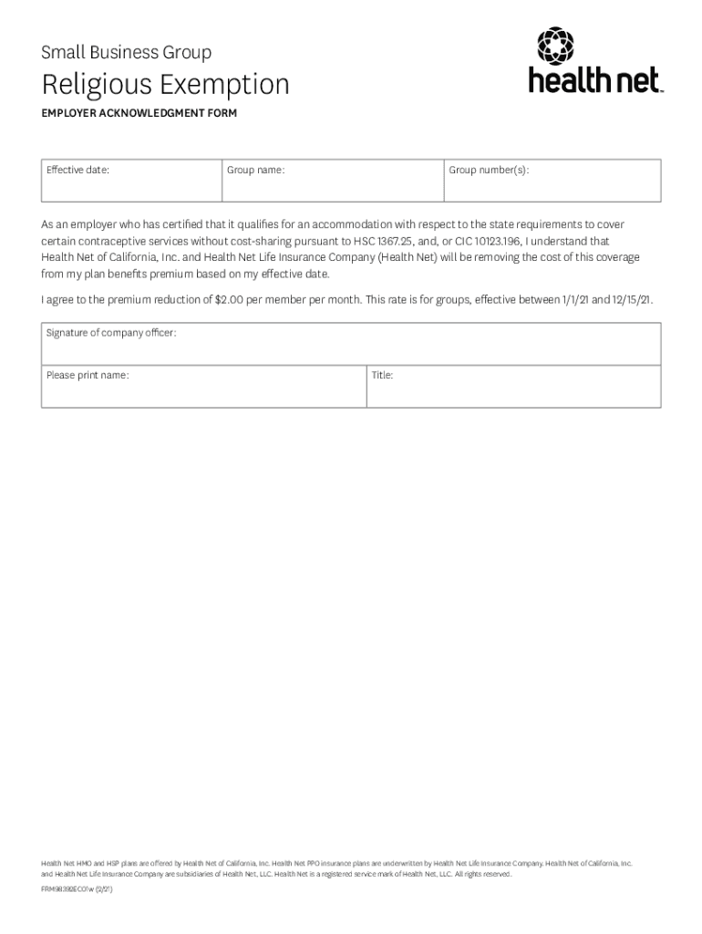 Fillable Online Small Business Group Religious Exemption EMPLOYER ...