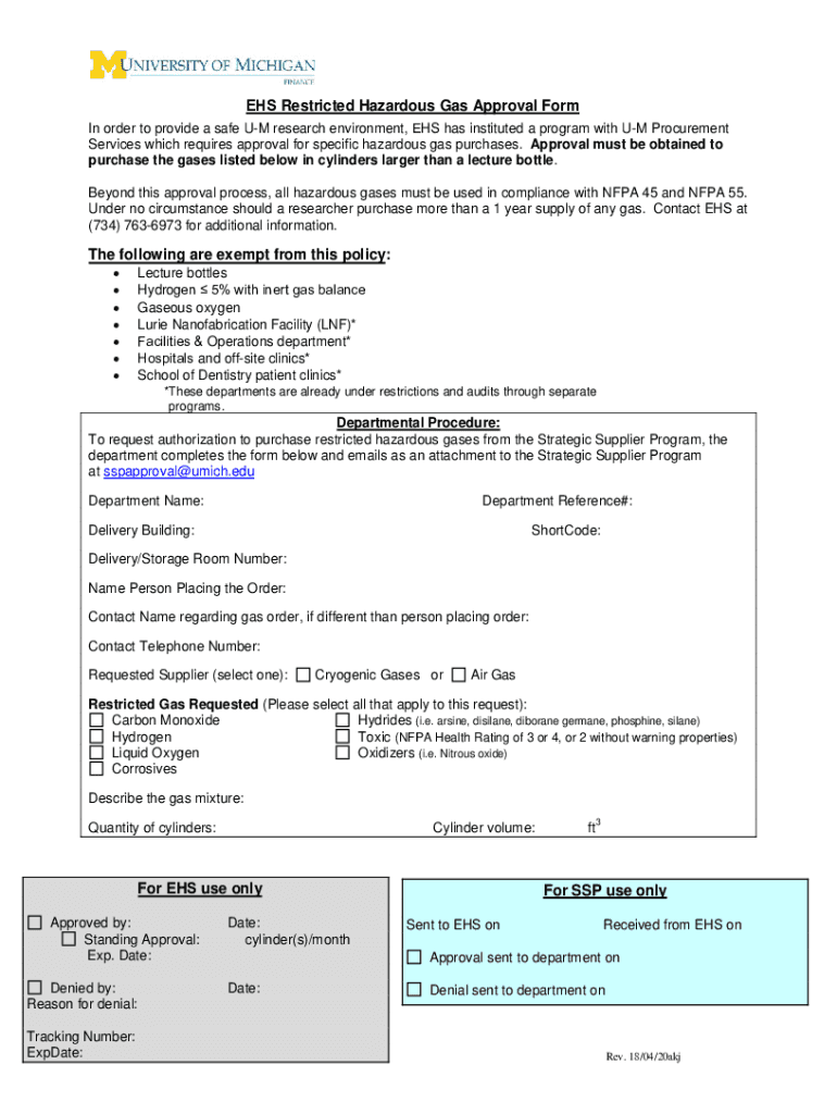 Fillable Online procurement umich EHS Restricted Hazardous Gas Approval ...