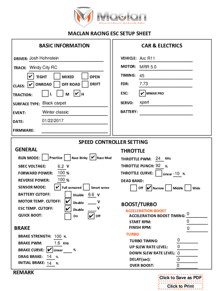 Fillable Online MACLAN RACING MMax Pro & Pico ESC SETUP SHEET Fax Email ...