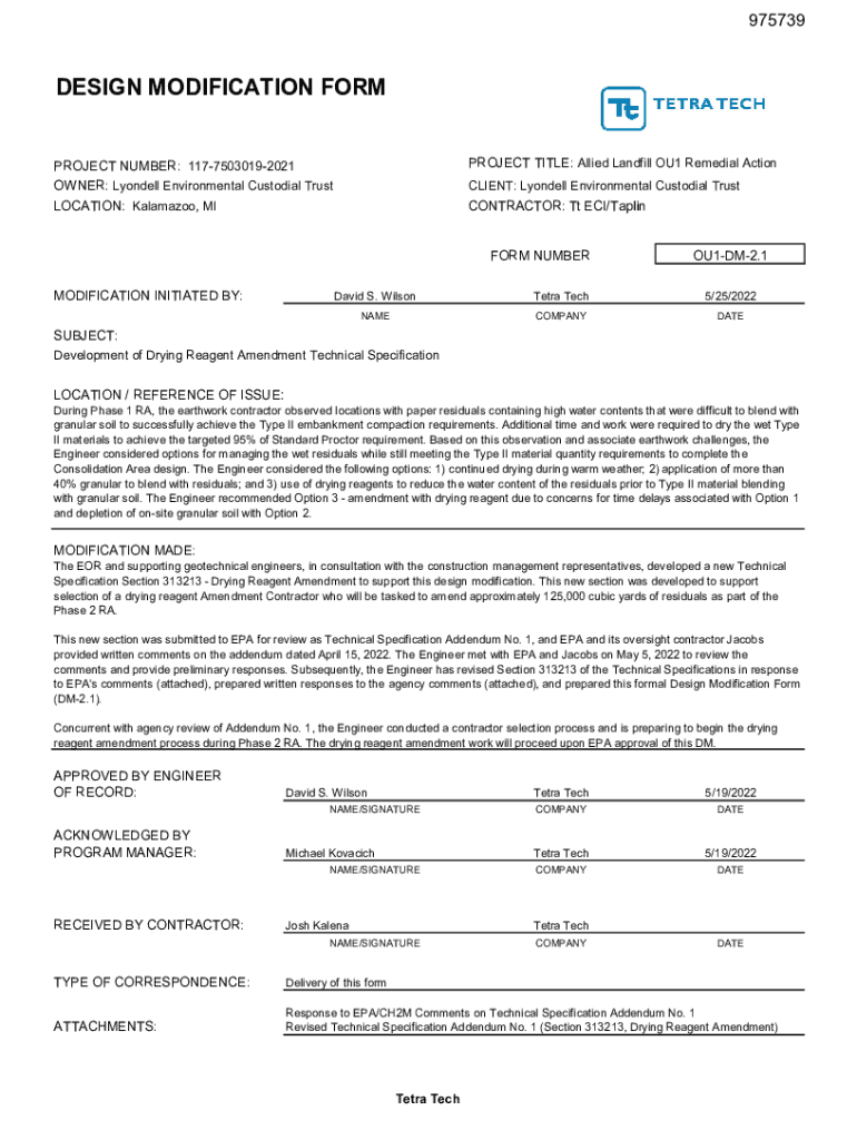 Fillable Online TETRA TECH - DESIGN MODIFICATION FORM - DEVELOPMENT OF ...