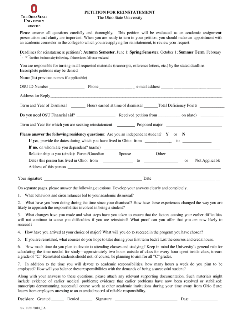 Fillable Online mansfield osu File for ReinstatementAcademic Advising ...