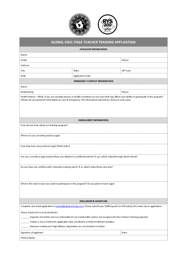 Fillable Online Global Soul Yoga - Email Format Fax Email Print - pdfFiller