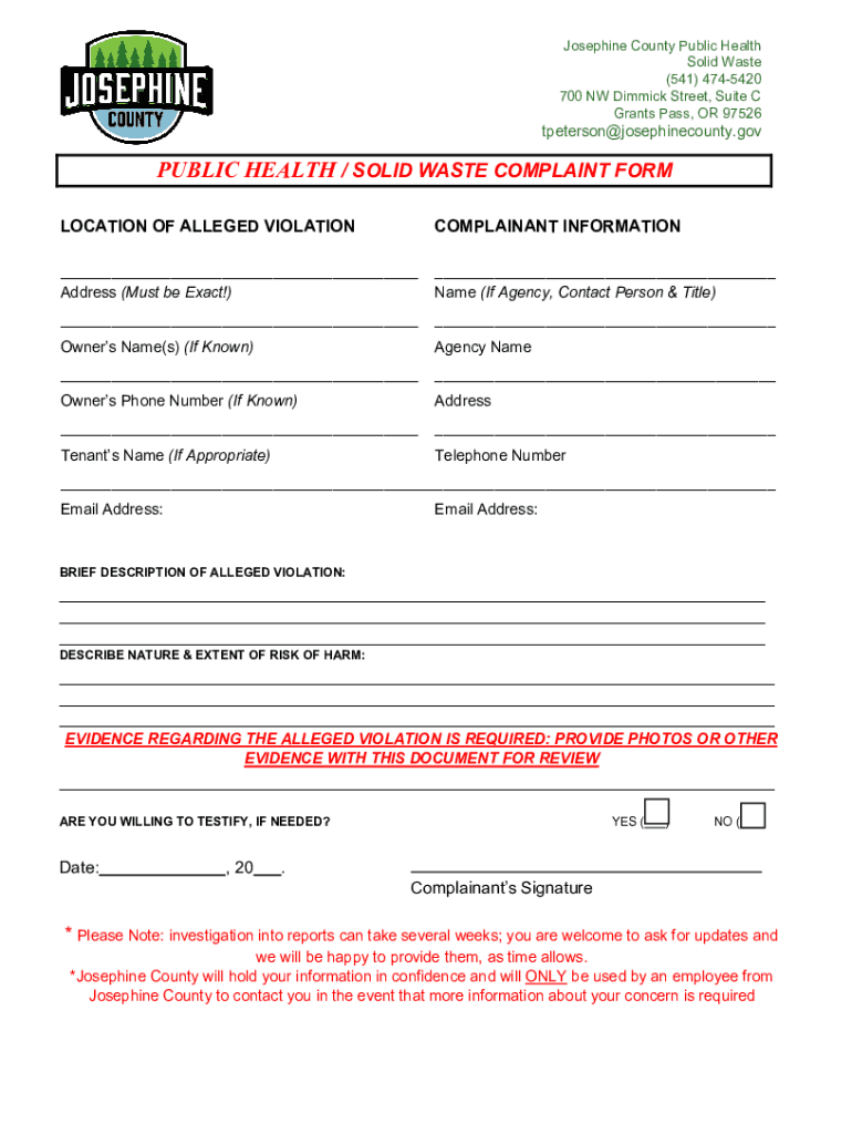 Fillable Online PUBLIC HEALTH / SOLID WASTE COMPLAINT FORM Fax Email ...